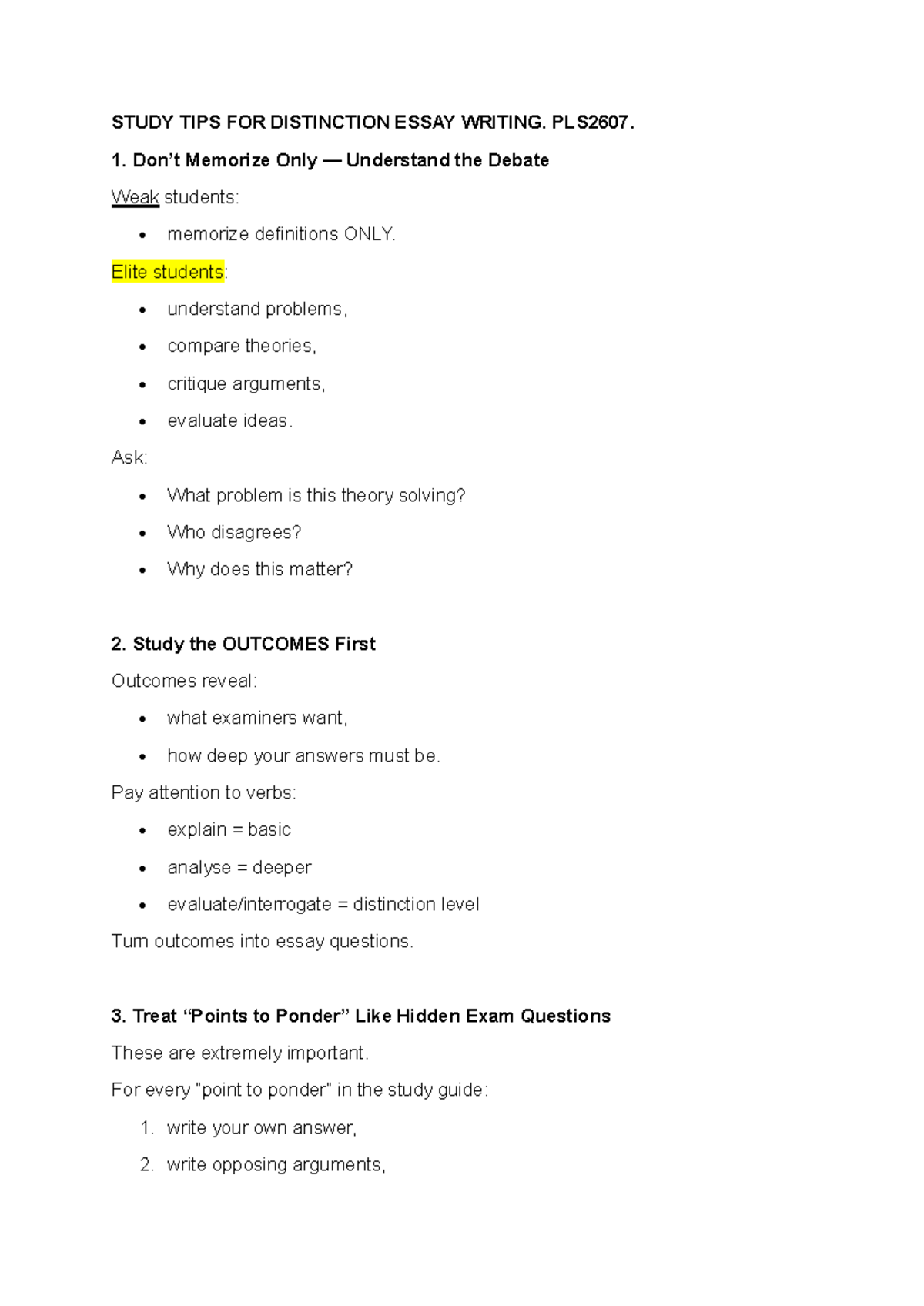PLS2607 Final Essay Writing Tips for Distinction Success - Studocu