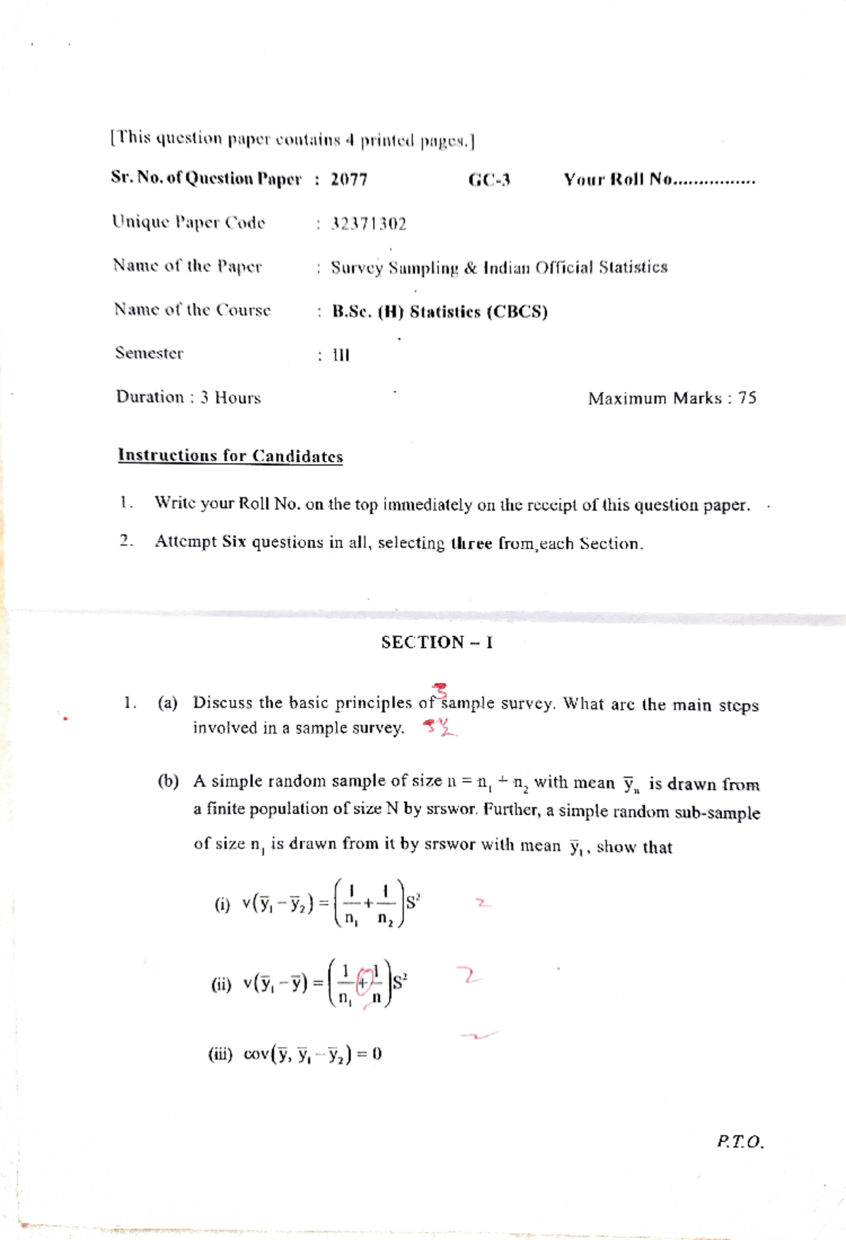 B.Sc. (H) Statistics: Survey Sampling Exam Paper (GC-3, 2077) - Studocu