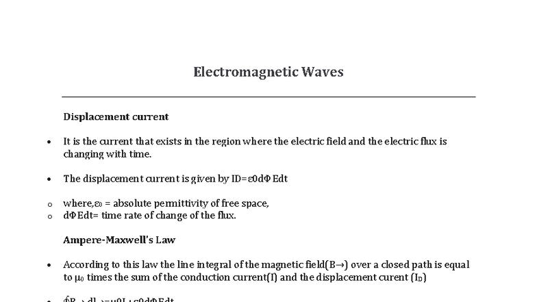 Electromagnetic Waves and Displacement Current: Key Concepts - Studocu