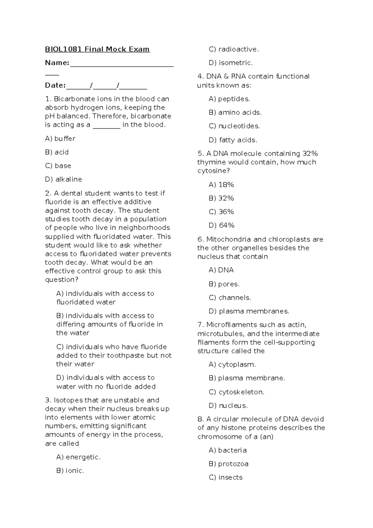BIOL1081 Final Mock Exam - Comprehensive Review of Key Concepts - Studocu