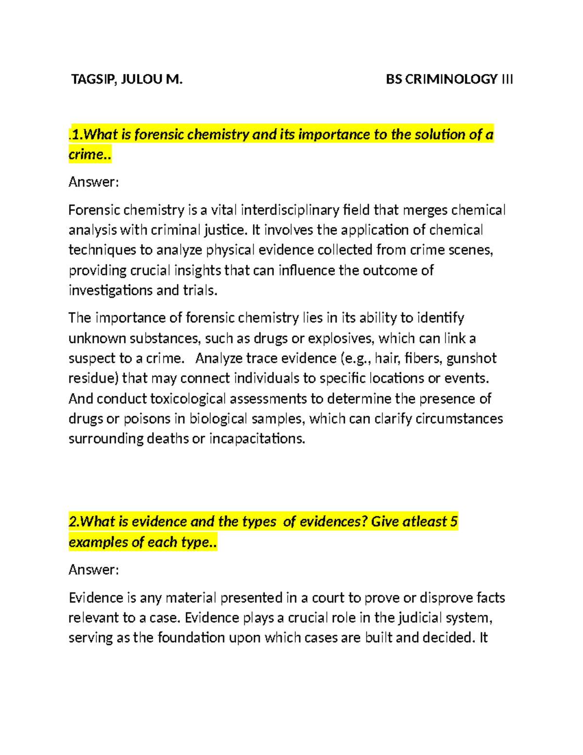 Forensic Chemistry & Evidence Types in BS Criminology (TAGSIP) - Studocu