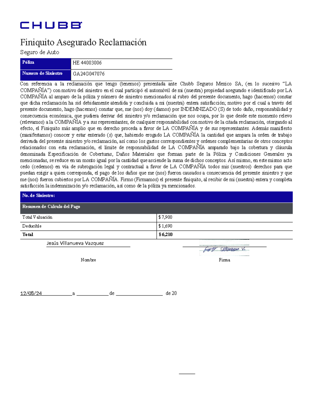 Finiquito Asegurado Reclamación - Chubb Seguros NA R v1V - Studocu