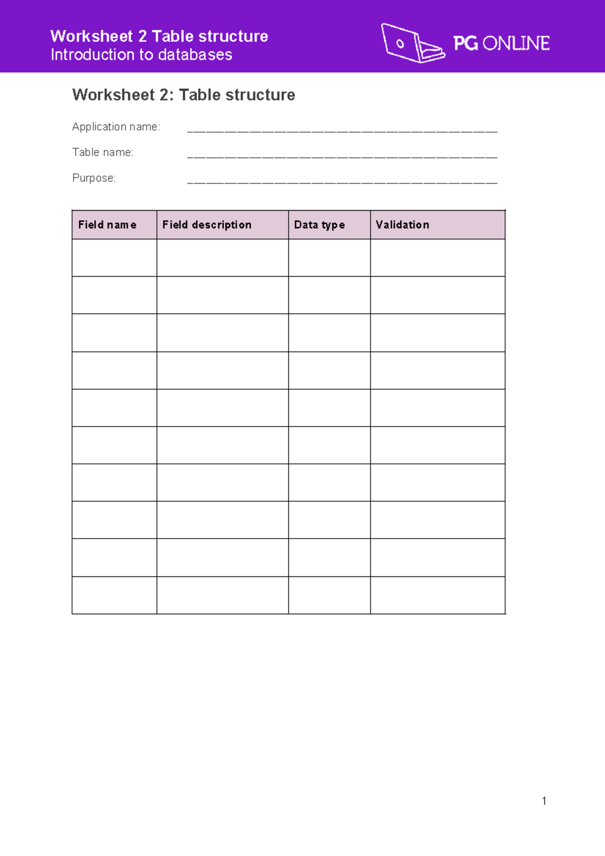 Database Worksheet 2 Table structure - Worksheet 2 Table structure ...