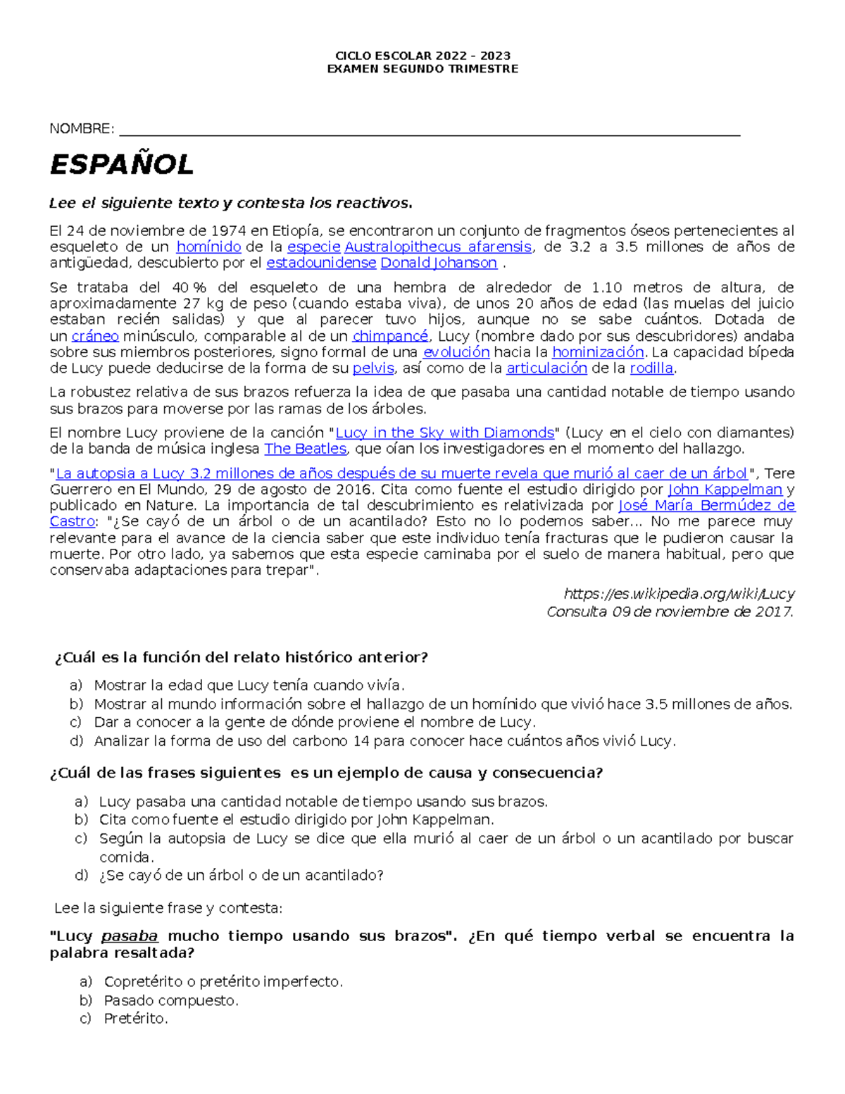 CICLO ESCOLAR 2022-2023 EXAMEN SEGUNDO TRIMESTRE ESPAÑOL - Studocu