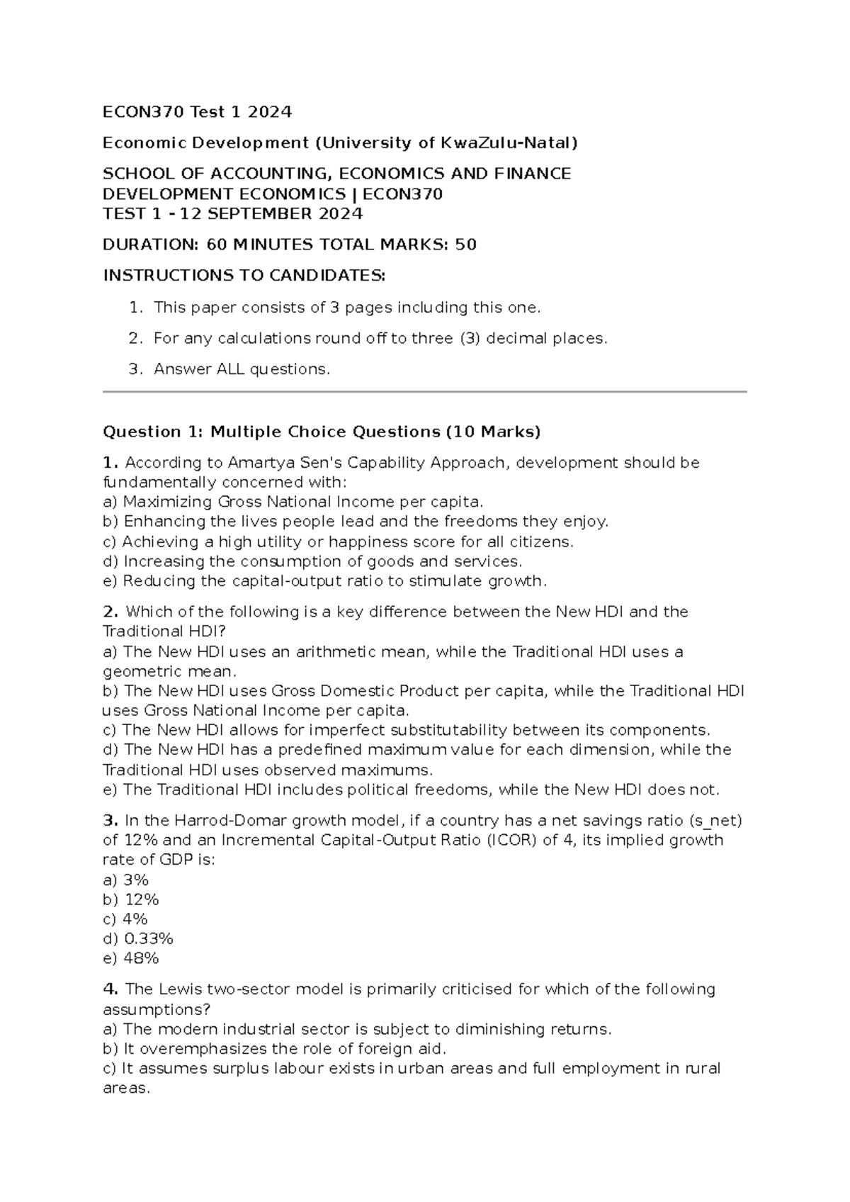 ECON370 Test 1 2024 - Economic Development Past Paper - Studocu