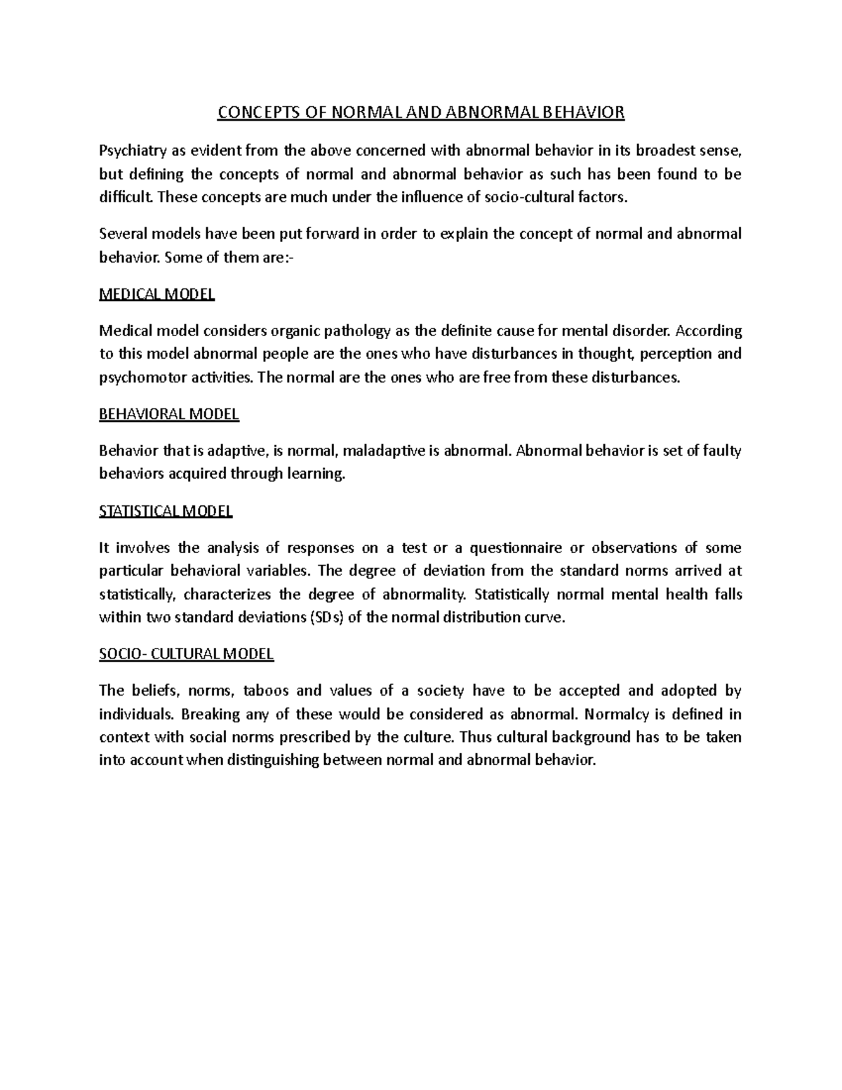 Concepts of Normal & Abnormal Behavior: Models Explained - Studocu