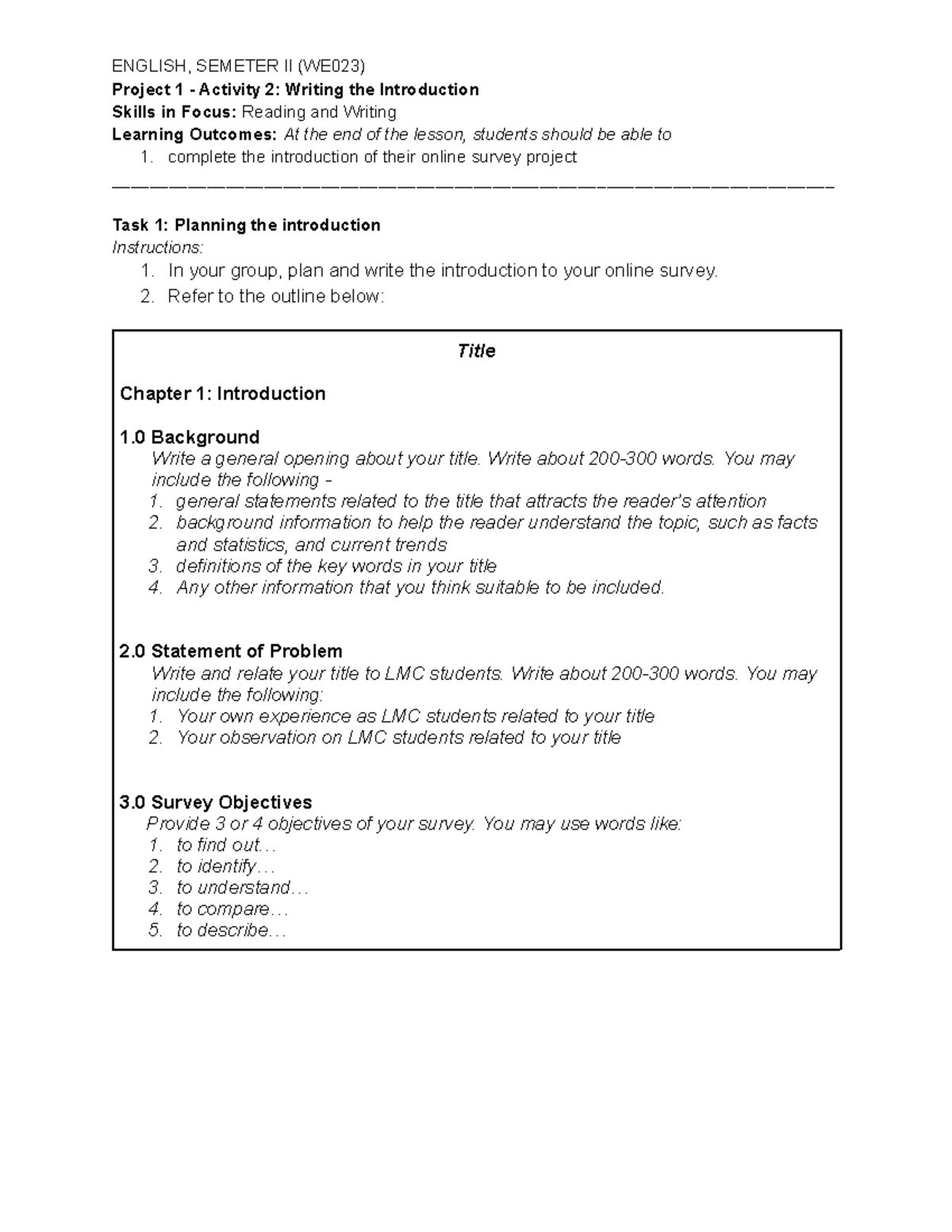 ENGLISH SEMESTER II: Project 1 - Writing the Survey Introduction - Studocu