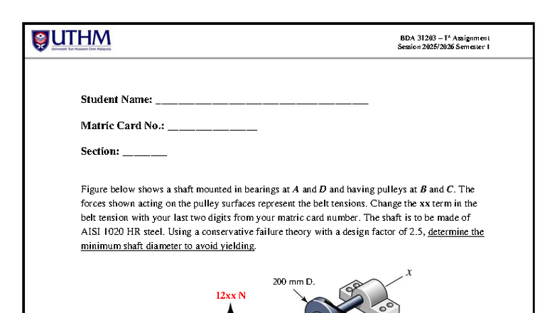 BDA 31203 1st Assignment: Shaft Design & Belt Tension Analysis - Studocu