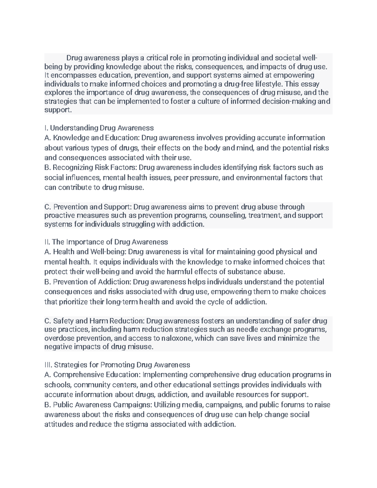 Drug Awareness Essay: Strategies and Importance for Prevention - Studocu