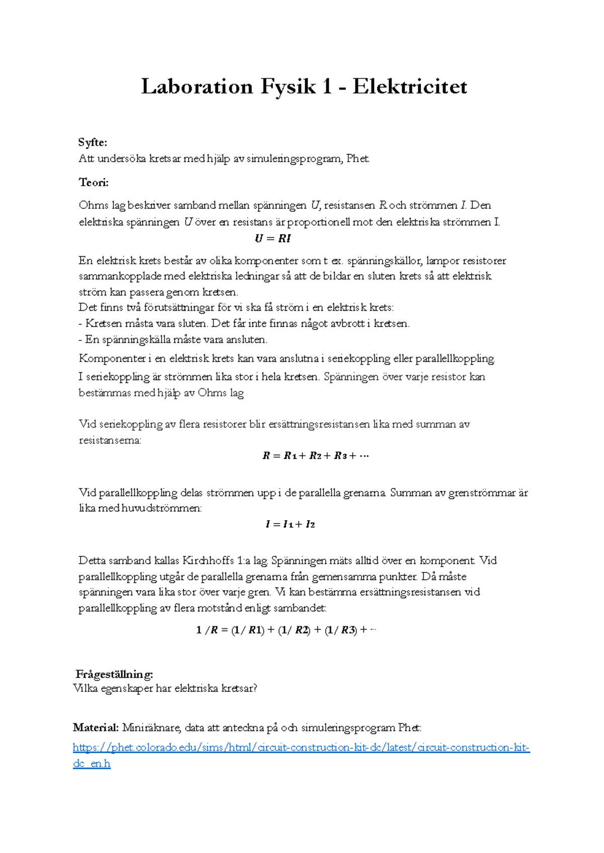 Lab2 Elektricitet och kretsar: Fysik 1 Laboration - Studocu
