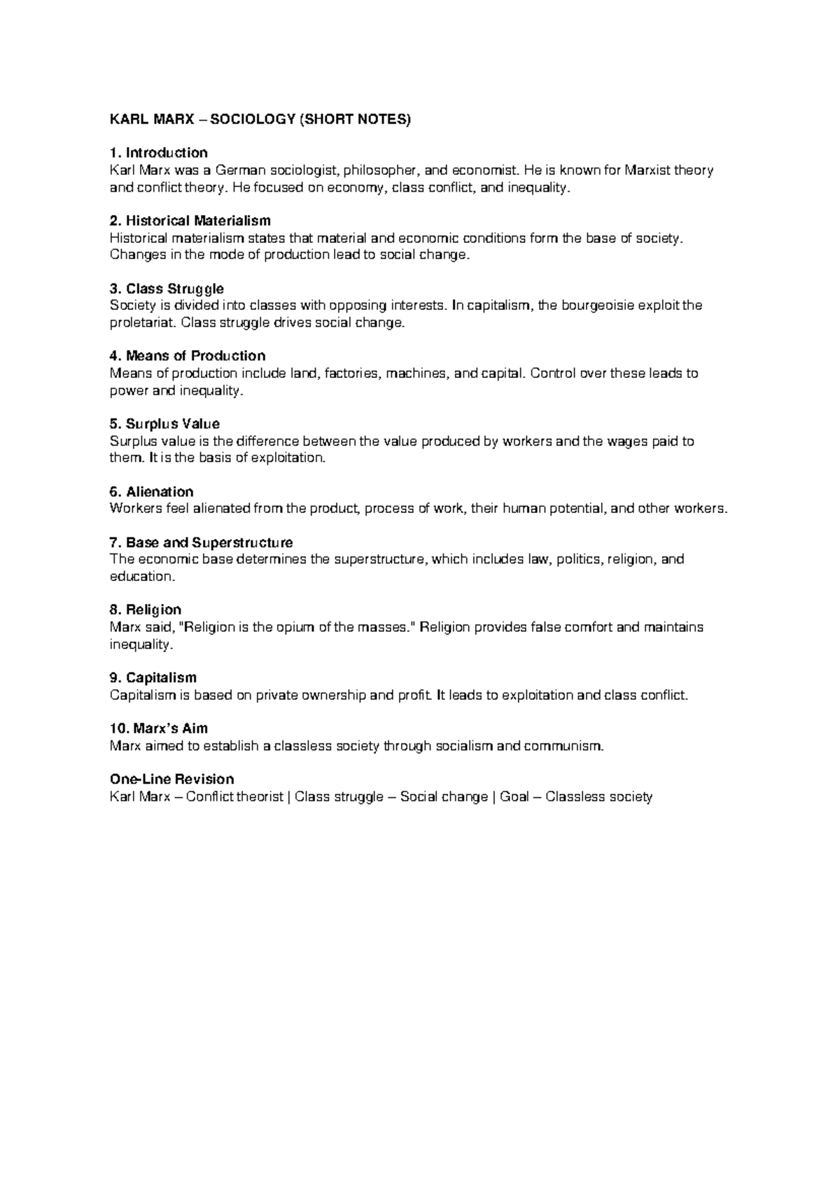 KARL MARX SOCIOLOGY (SHORT NOTES) - Key Concepts & Theories - Studocu