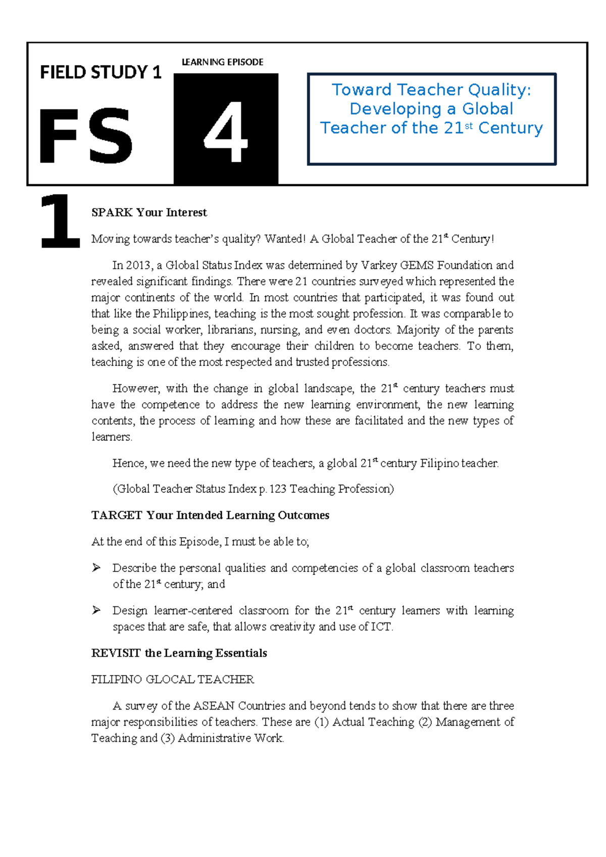 FIELD STUDY 1 FS 1 LEARNING EPISODE 4: Developing 21st Century Global ...