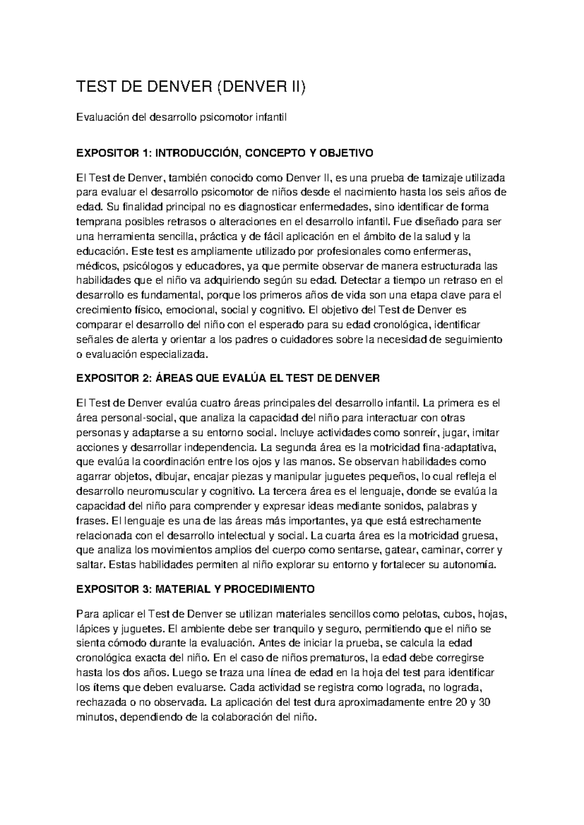Test de Denver II: Evaluación del Desarrollo Psicomotor Infantil - Studocu