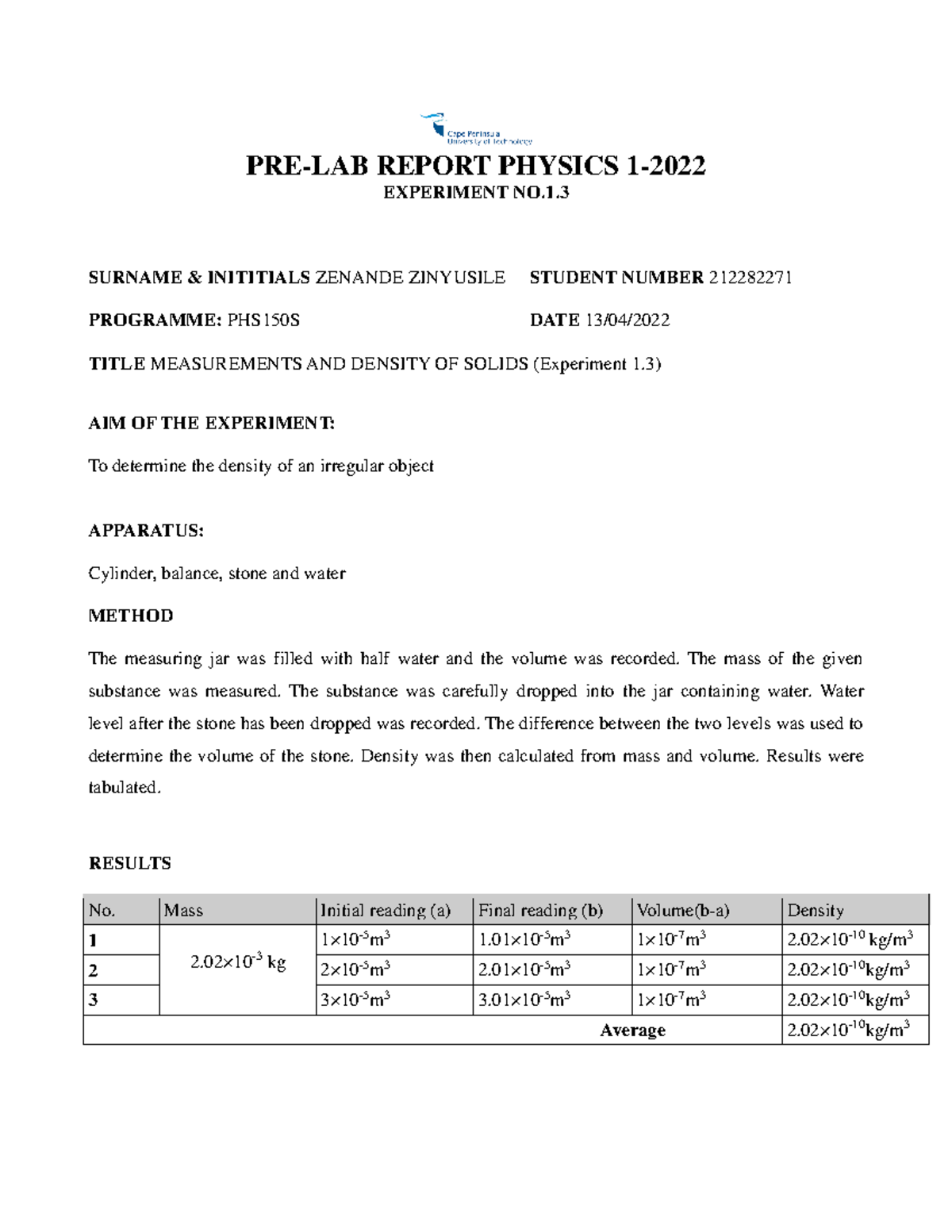 PHS150S Pre-Lab Report: Density of Irregular Objects - Exp 1.3 - Studocu