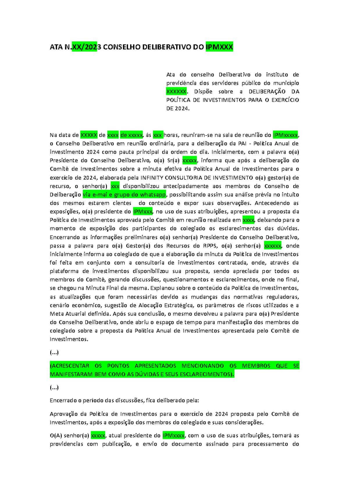 Modelo DE ATA DE Reunião DO Conselho - ATA N/2023 CONSELHO DELIBERATIVO ...