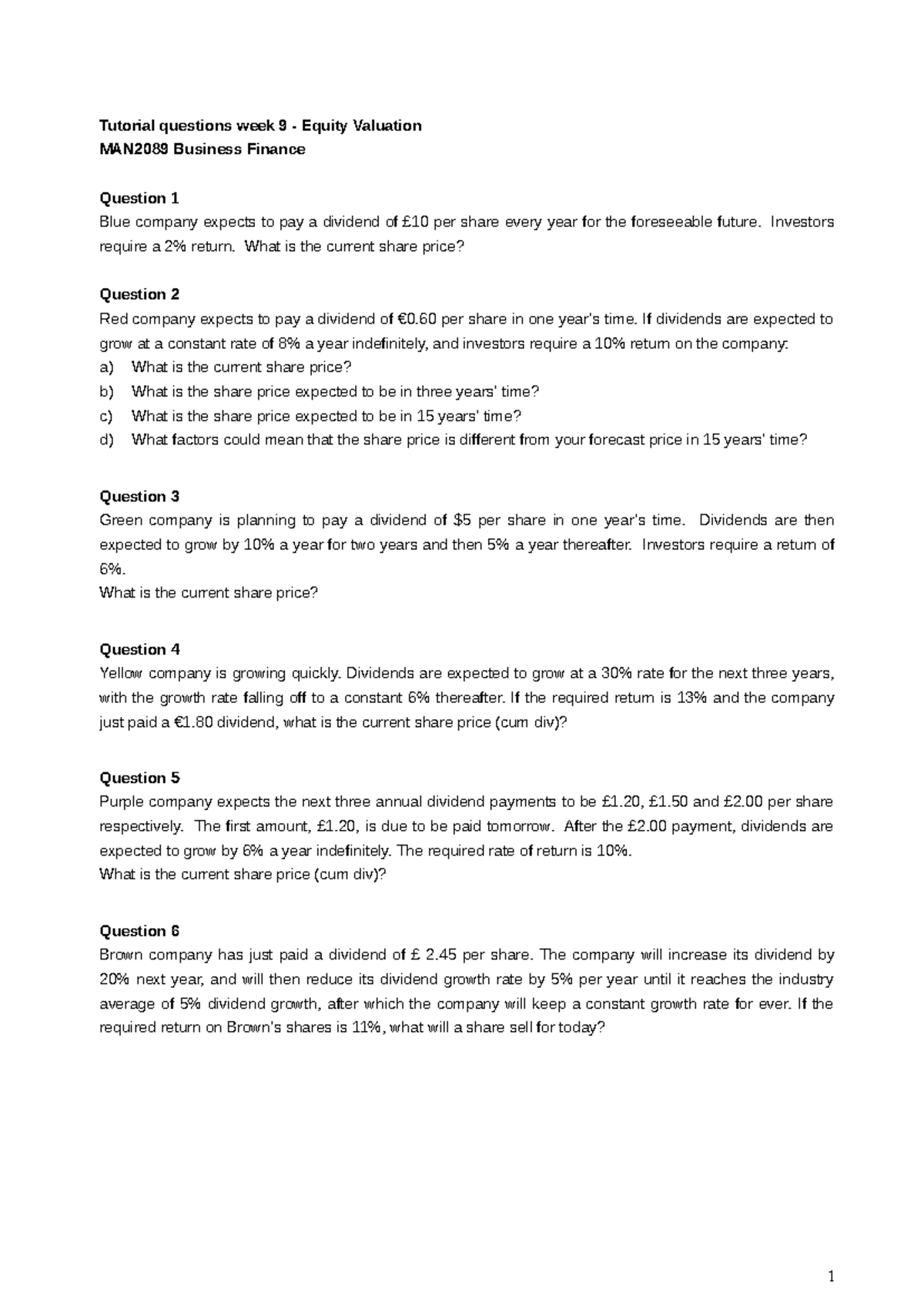 Tutorial questions week 9 - Equity Valuation - Tutorial questions week ...