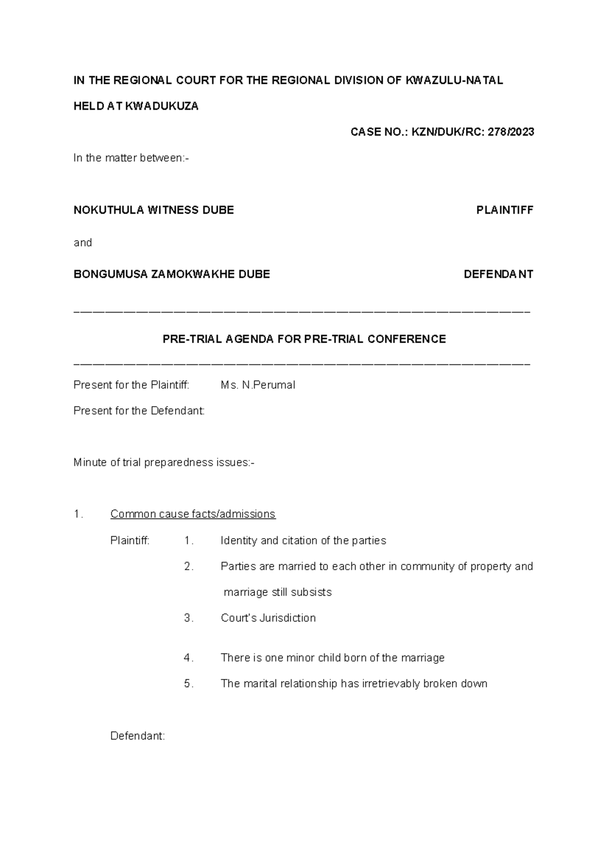 Pre-Trial Conference Agenda: Divorce Case DUBE - Studocu