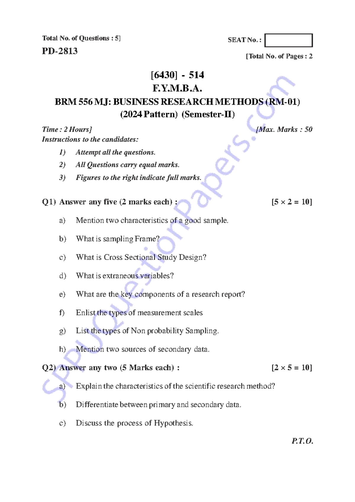 F.Y.M.B.A. BRM 556 MJ: Business Research Methods Exam (2024 Pattern) - Studocu