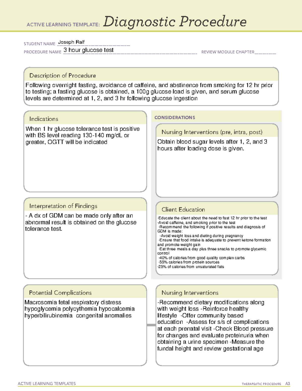 ACTIVE LEARNING TEMPLATE: 3 Hour Glucose Test Procedure Review - Studocu