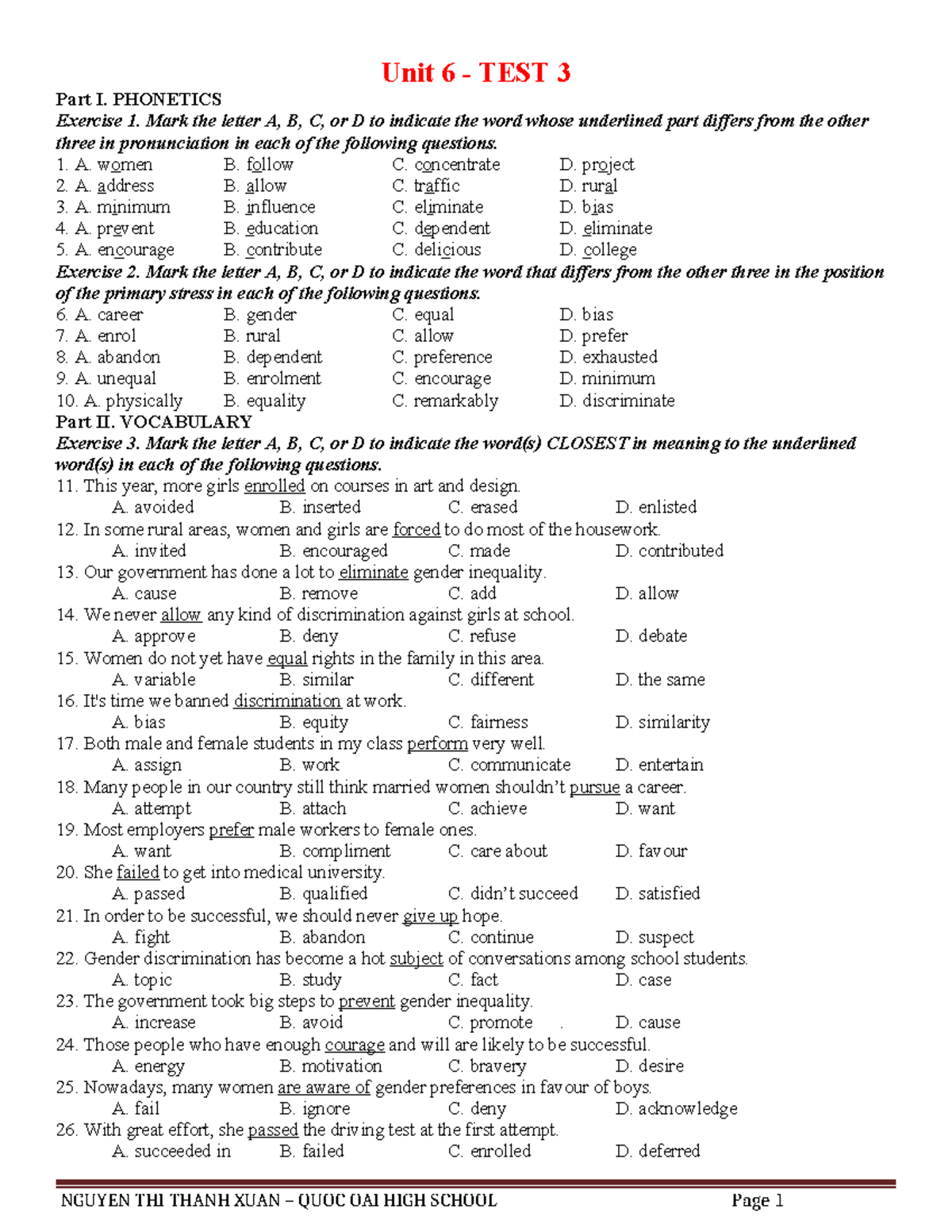 Unit 6 - Test 3 140 cau - Phonetics & Vocabulary Exercises - Studocu