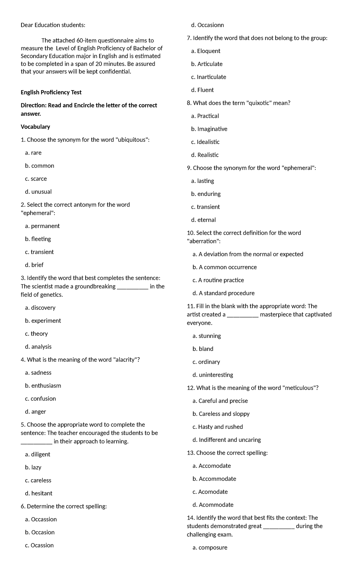 English Proficiency Test Questionnaire - Dear Education students: The ...