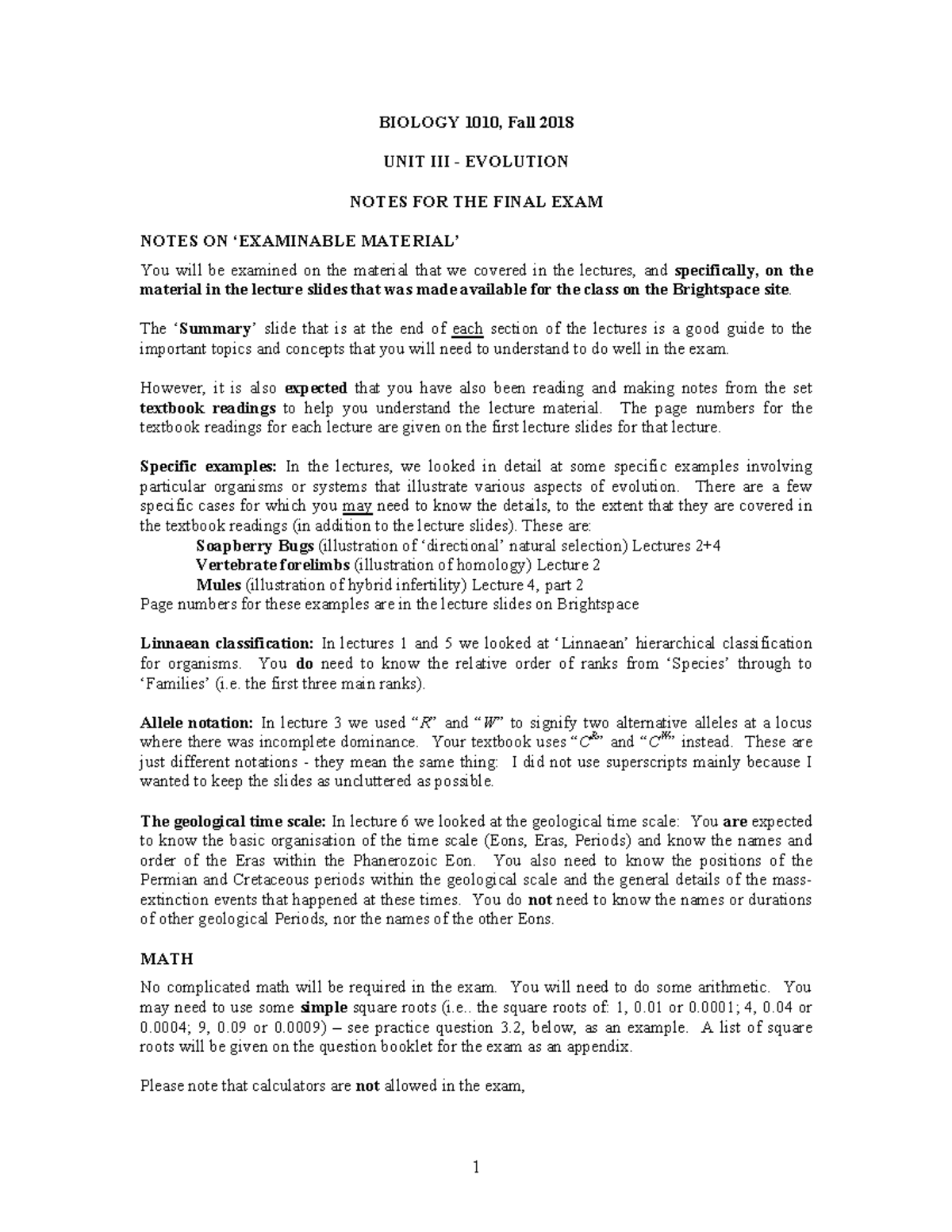 multiple choice questions with solutions - BIOLOGY 1010, Fall 2018 UNIT ...
