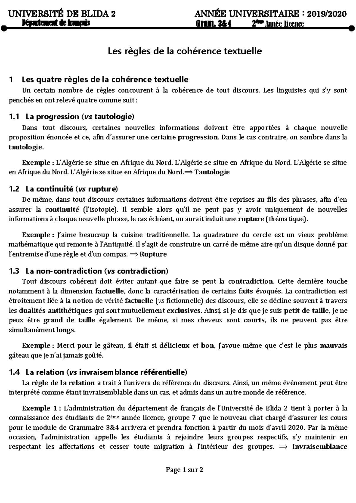 Gram. 34 Cours 1 - cour : les règles de la cohérence textuelle - Page 1 sur 2 UNIVERSITÉ DE ...