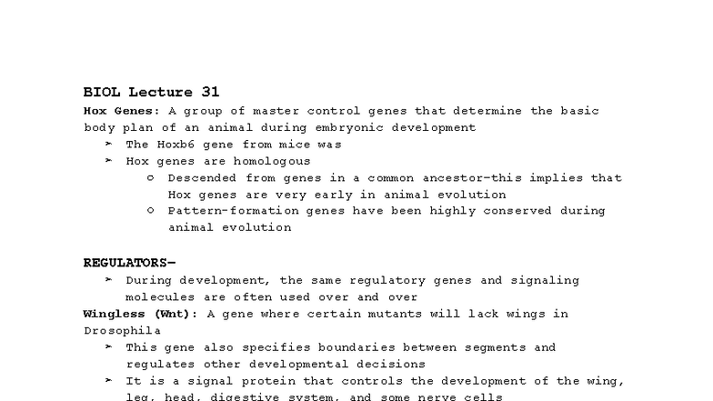 BIOL Lecture 31: Hox Genes and Evolutionary Developmental Biology - Studocu