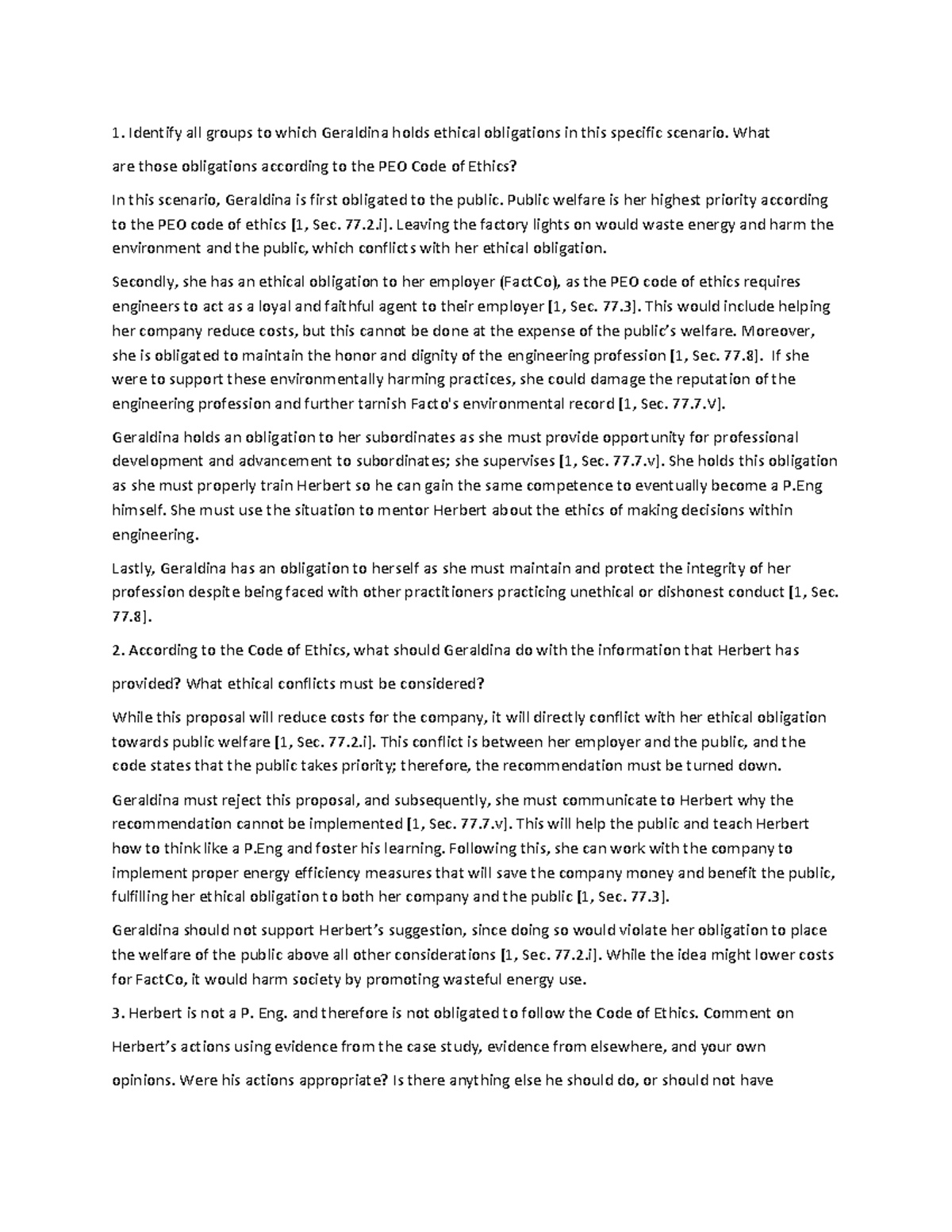 Ethics Assignment: Geraldina's Obligations per PEO Code of Ethics - Studocu