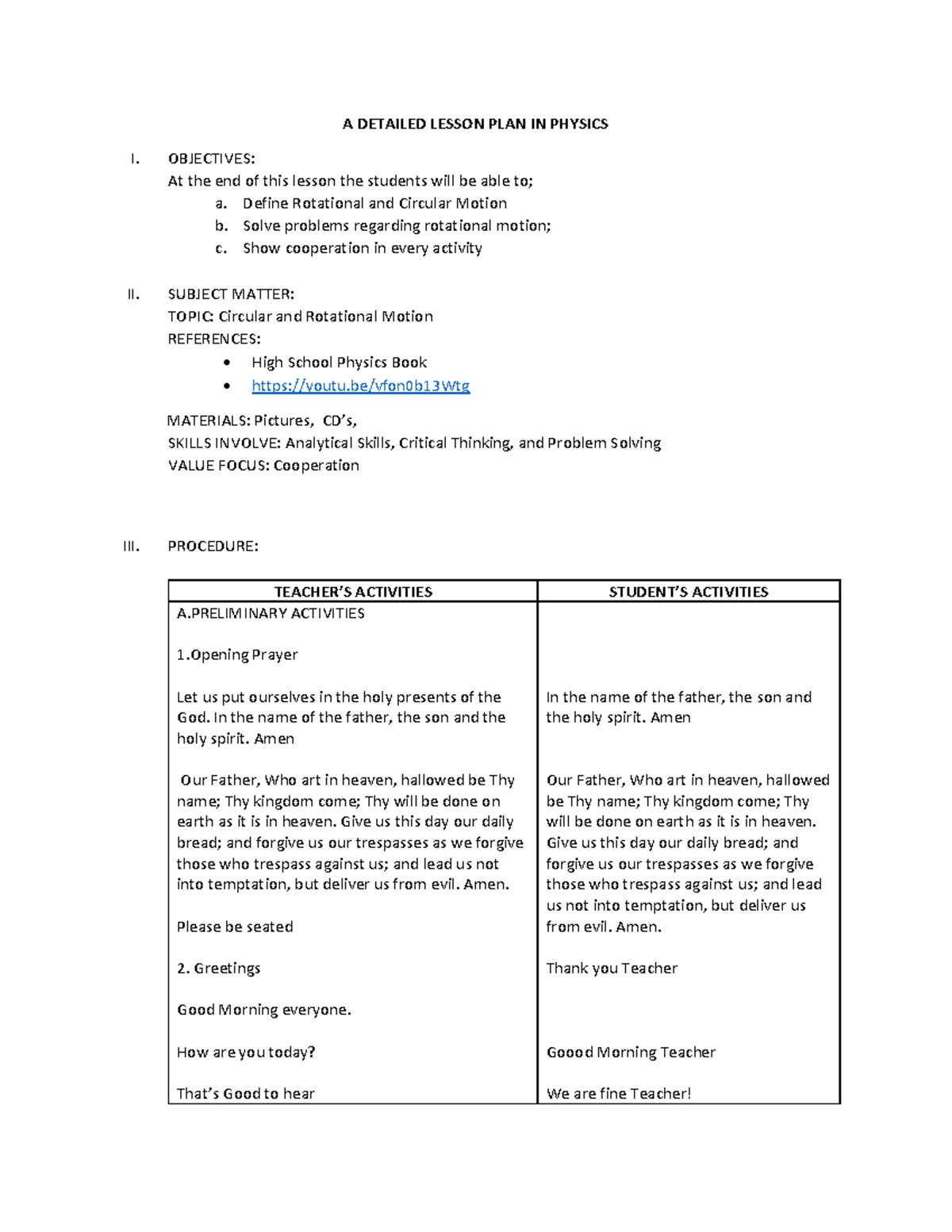 Detailed Lesson Plan in Physics: Circular & Rotational Motion - Studocu