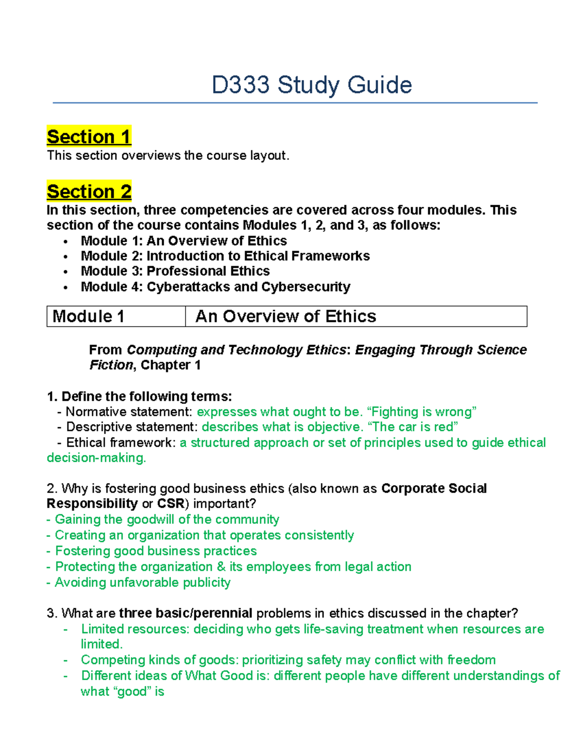 D333 Study Guide: Ethics in Computing, Cybersecurity, and Professional ...