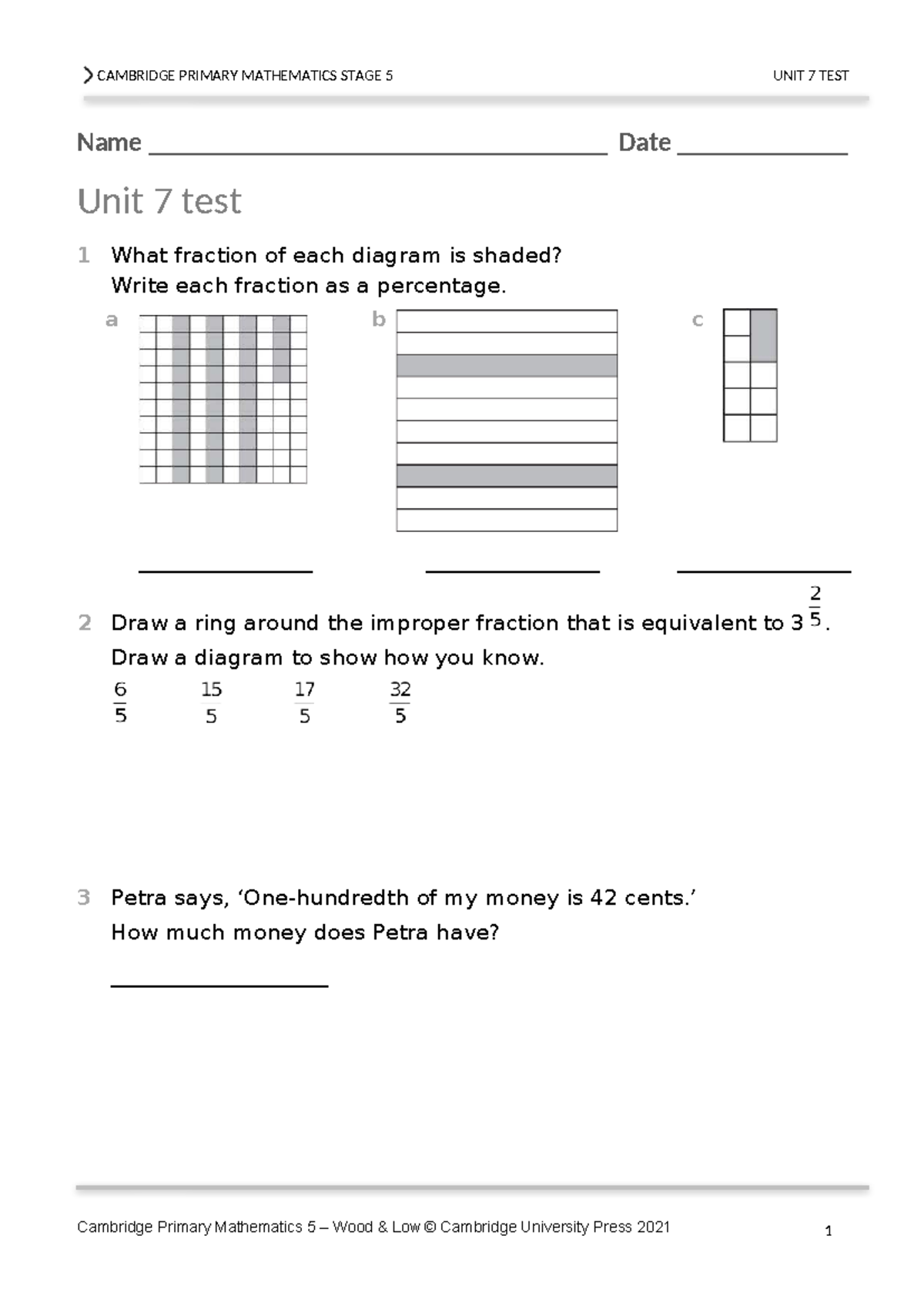 CAMBRIDGE PRIMARY MATHEMATICS 5 UNIT 7 TEST - FRACTIONS & PERCENTAGES ...