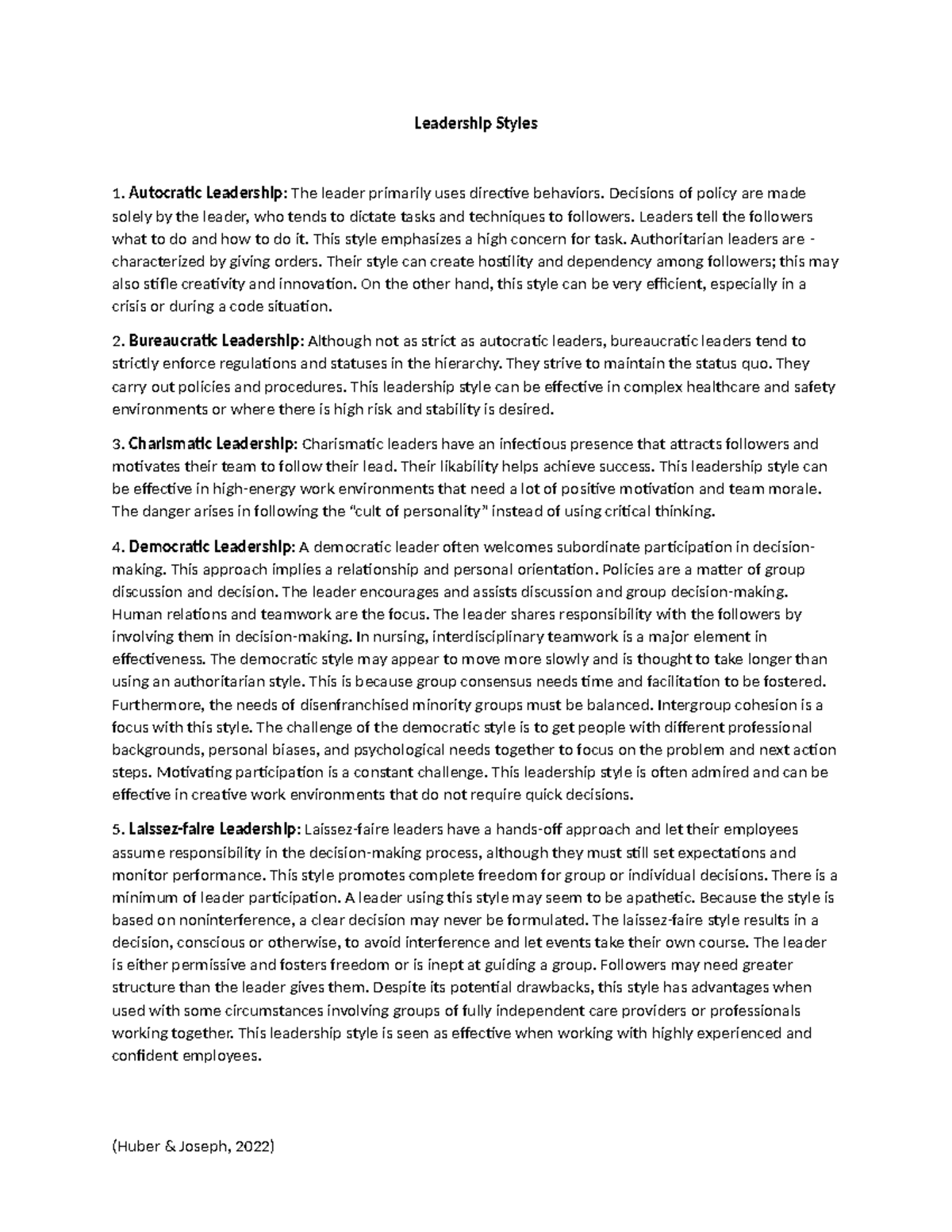 Leadership Styles Tip Sheet - Leadership Styles Autocratic Leadership ...