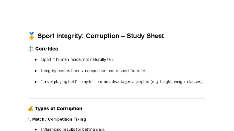 Sport Integrity: Corruption Study Sheet (Week 10 Notes) - Studocu