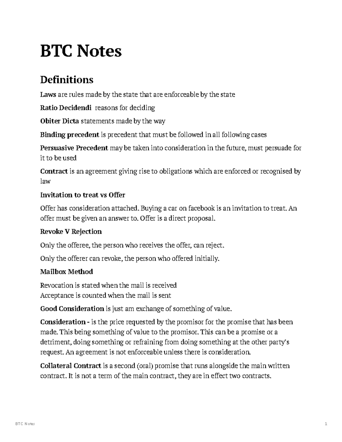 BTC Notes: Key Legal Concepts and Principles in Contract Law - Studocu