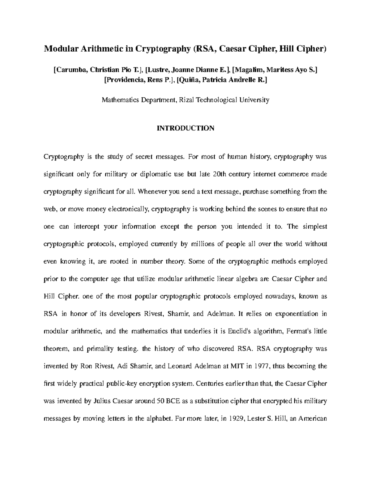 MATH-108: Modular Arithmetic in Cryptography - RSA, Caesar, Hill ...