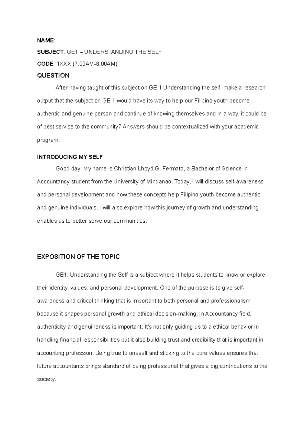 GE1 UTS 1932 - Understanding the Self: Authenticity in Filipino Youth ...