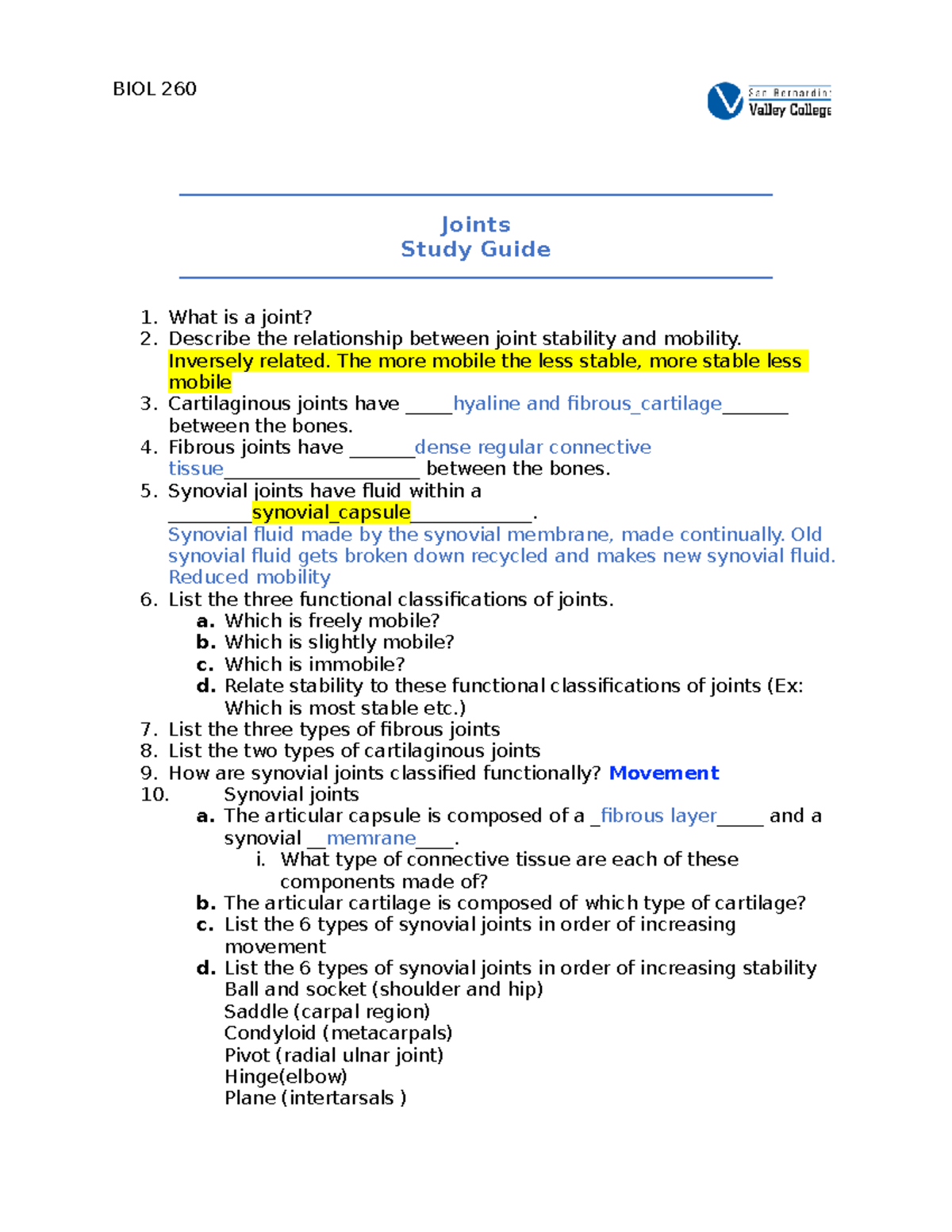 BIOL 260 Joints Study Guide - Studocu
