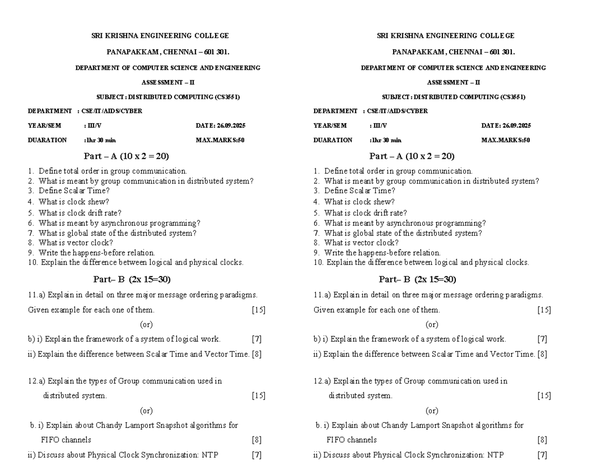 DC Assessment II Questions for Distributed Computing (CS3551) - Studocu