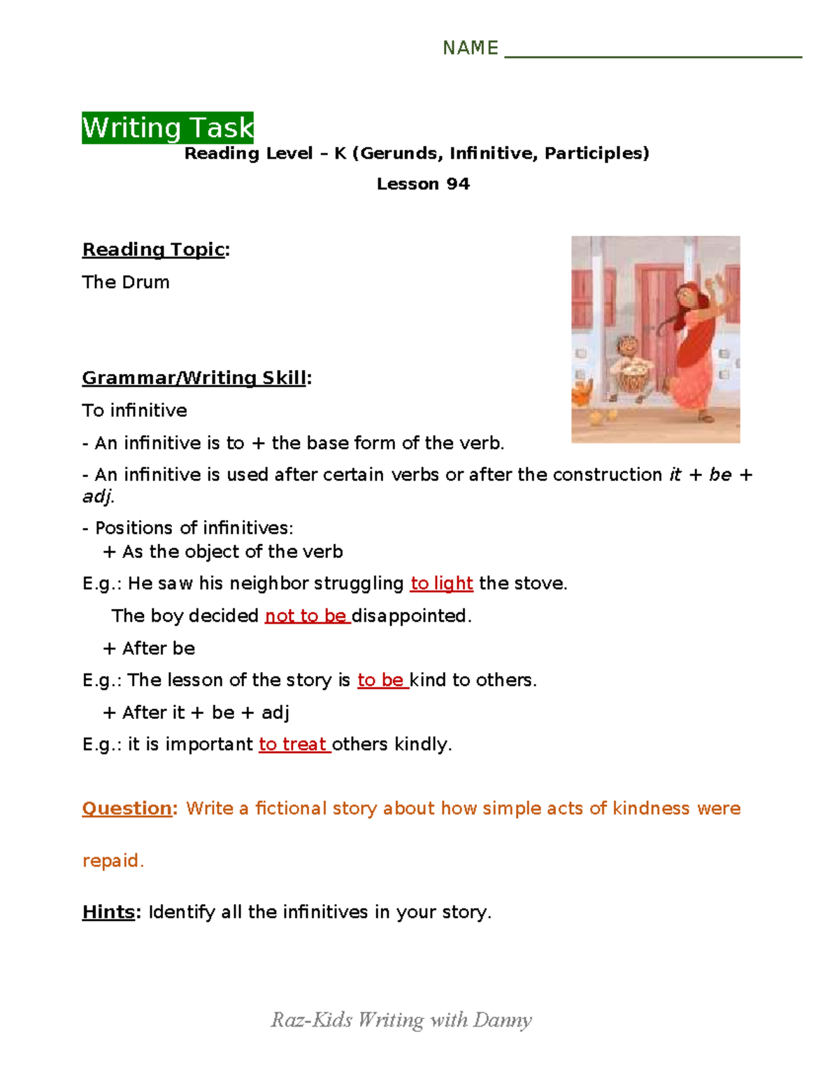 NAME Writing Task: Gerunds, Infinitives & Participles Lesson 94 - Studocu