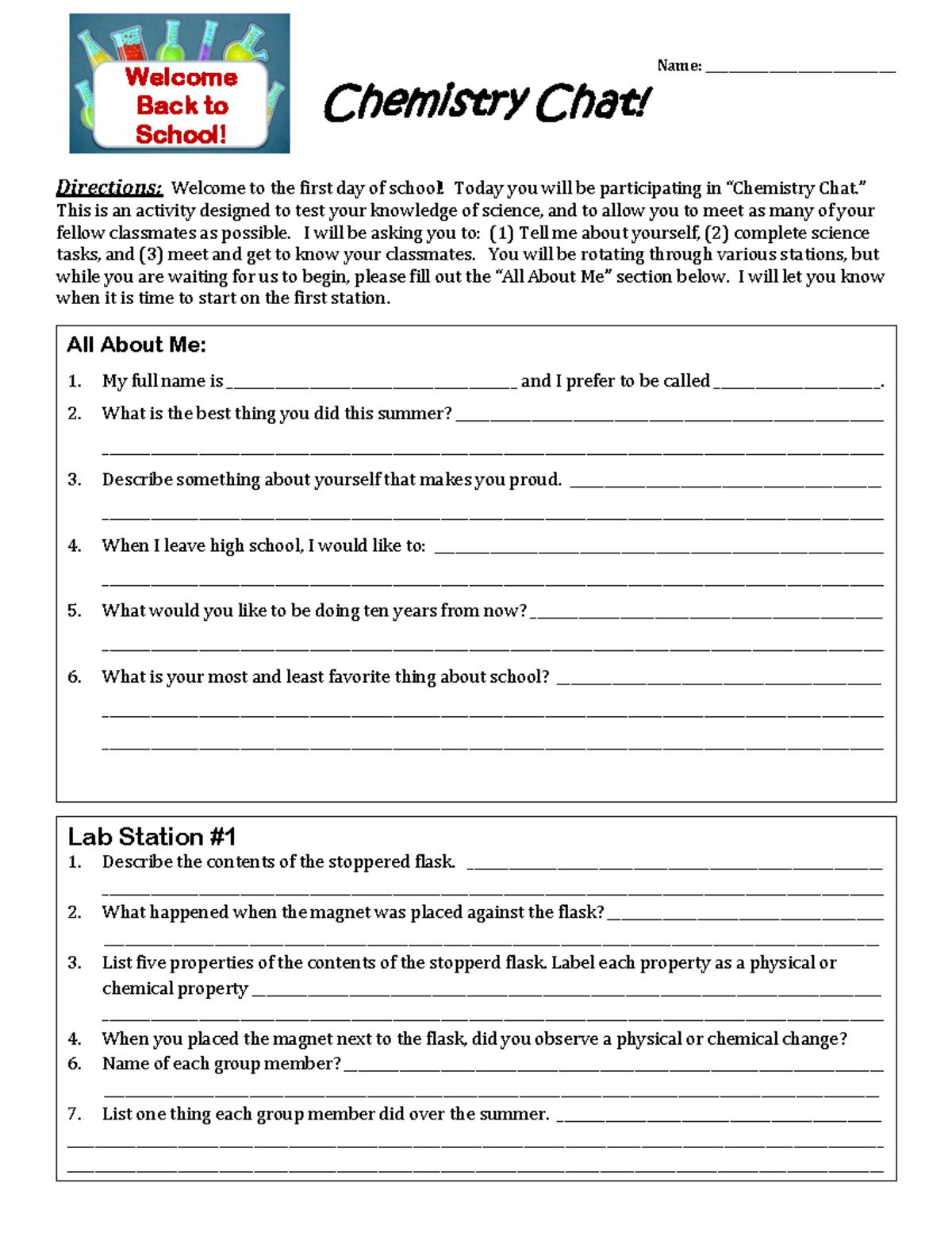 Chemistry 101: Welcome Back to School Activity & Lab Stations - Studocu