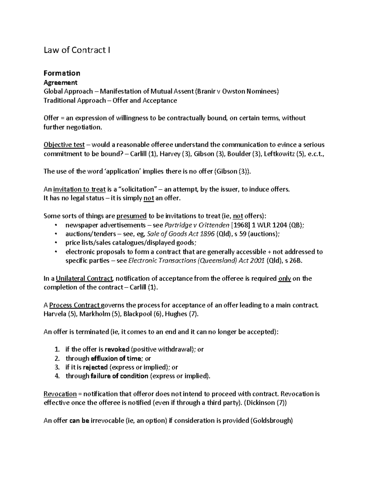 Law of Contract I Summary: Key Concepts & Case References - Studocu