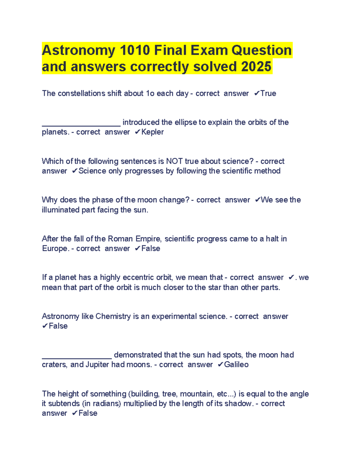 Astronomy 1010 Final Exam: Correctly Solved Questions & Answers 2025 - Studocu