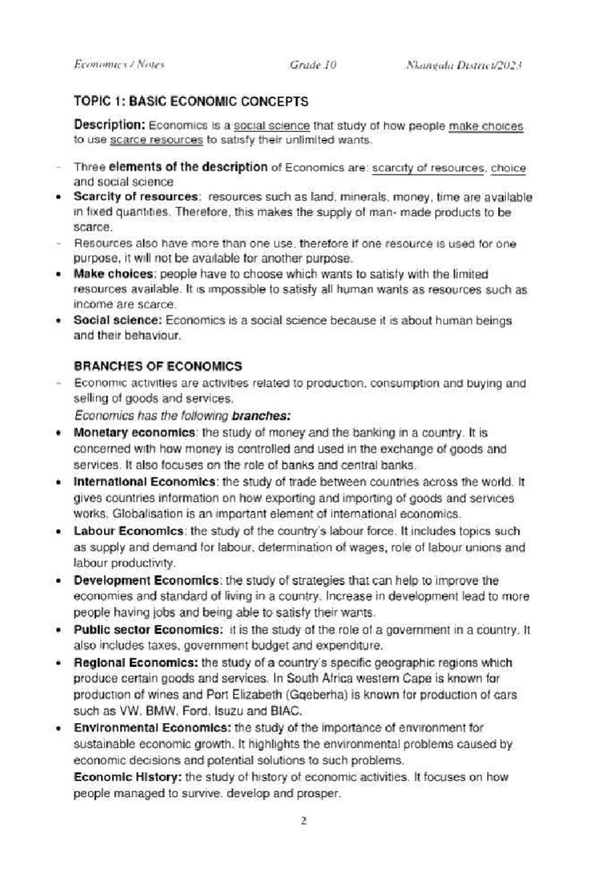 Grade 10 Economics Notes: Basic Economic Concepts and Branches - Studocu