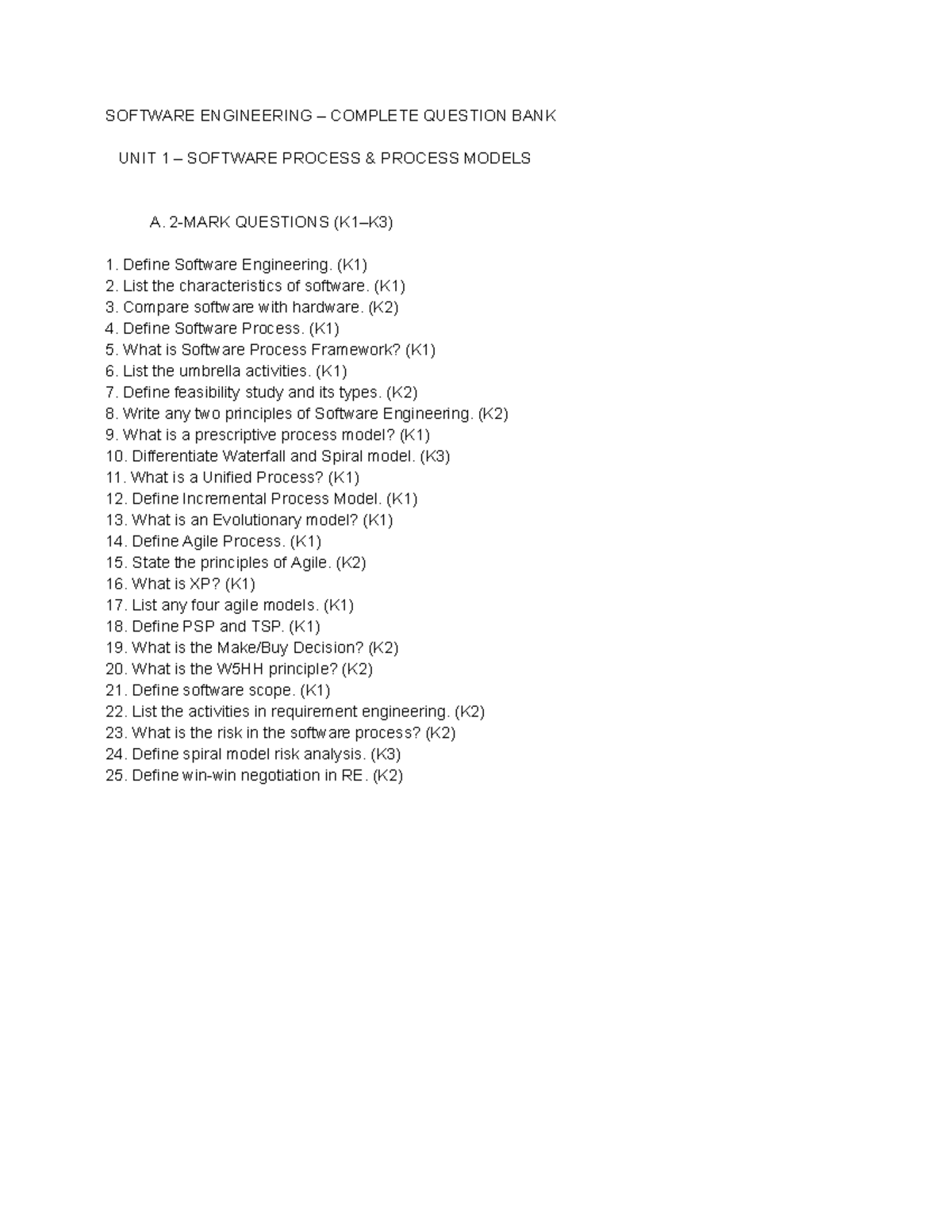 SOFTWARE ENGINEERING UNIT 1 COMPLETE QUESTION BANK - Studocu