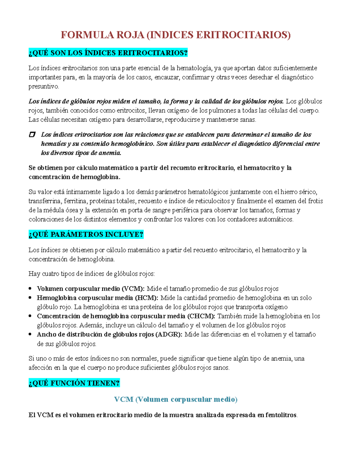 Análisis de la Fórmula ROJA y sus Índices Eritrocitarios - Studocu
