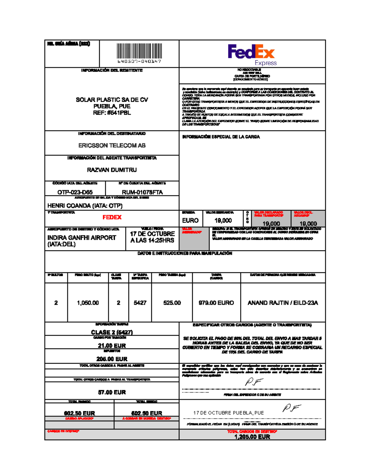 Guía Aérea: Air Way Bill y Detalles de Envío FedEx (OTP-023) - Studocu