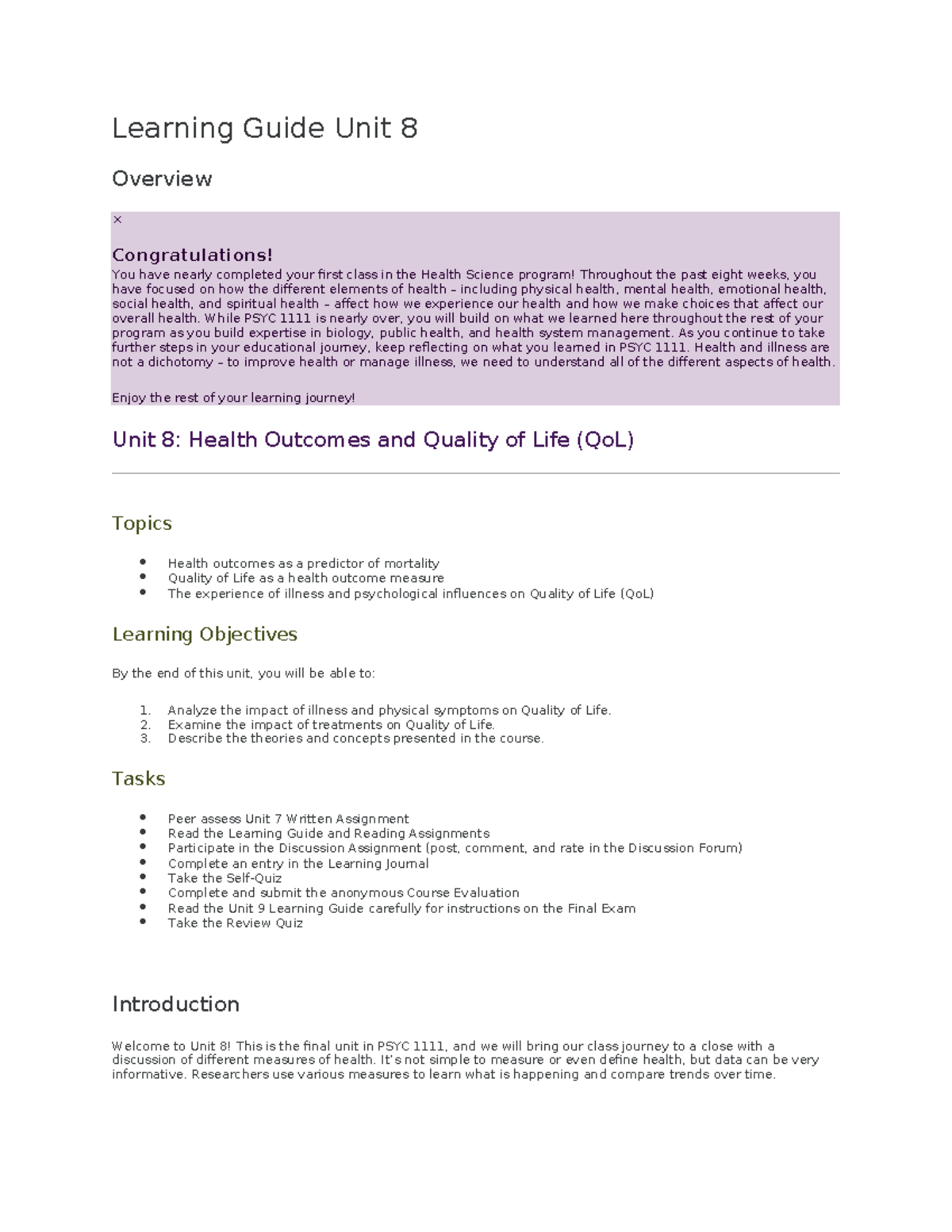 PSYC 101 Learning Guide Unit 8: Health Outcomes & Quality of Life - Studocu