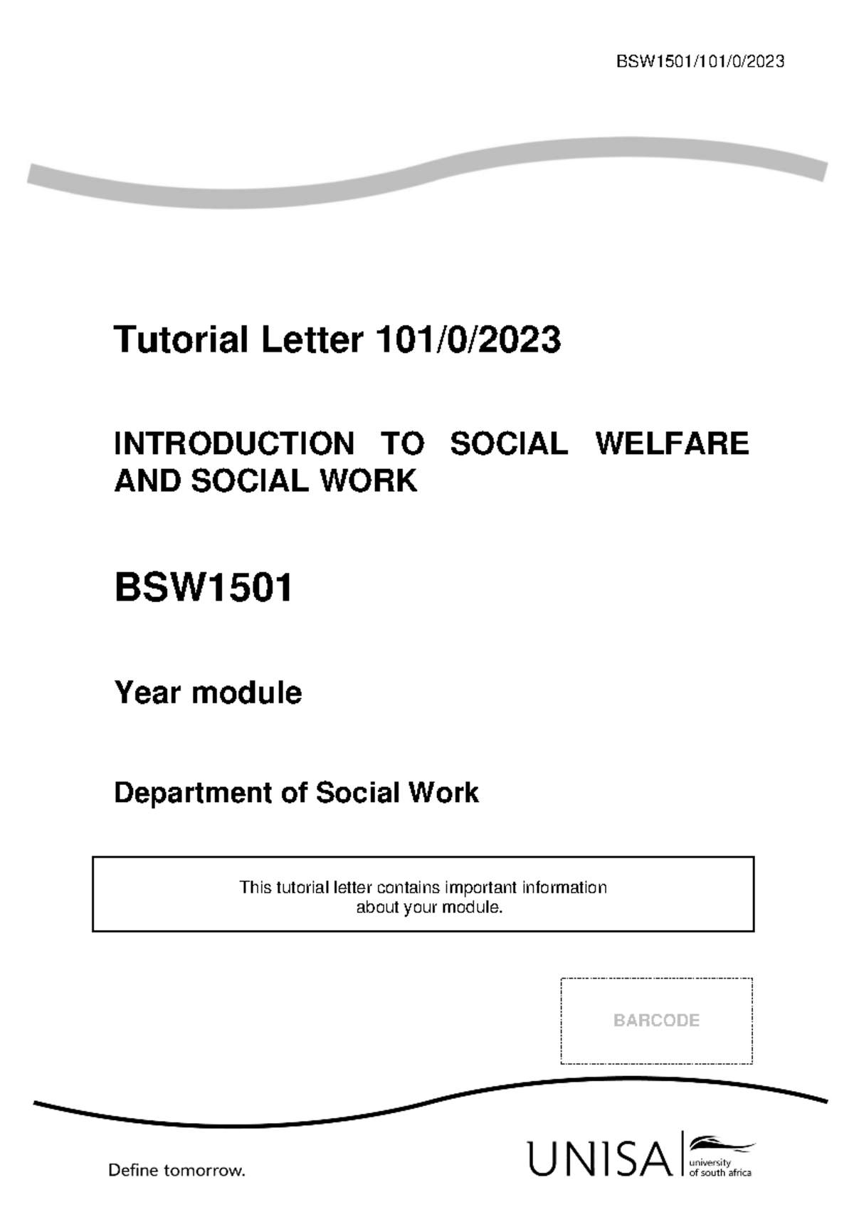 BSW1501/101/0: Study Guide for Introduction to Social Welfare and ...