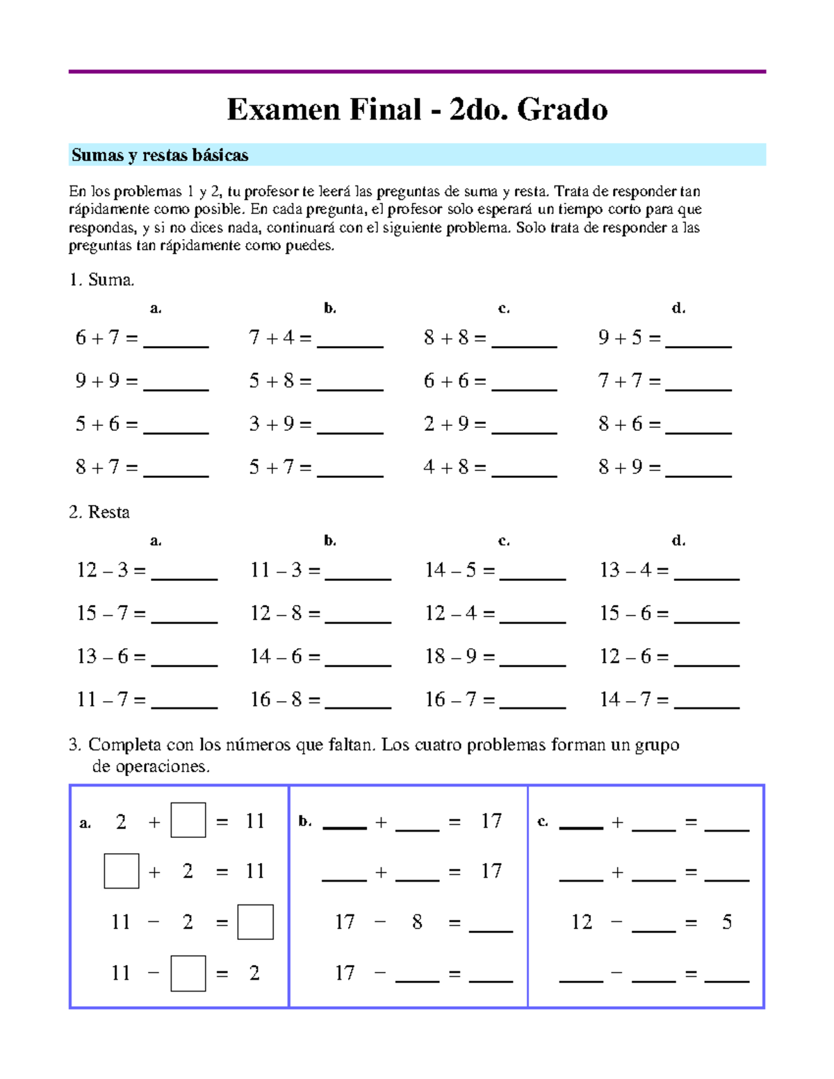 Examen 2° Grado - Examen Final - 2do. Grado Sumas y restas básicas En ...